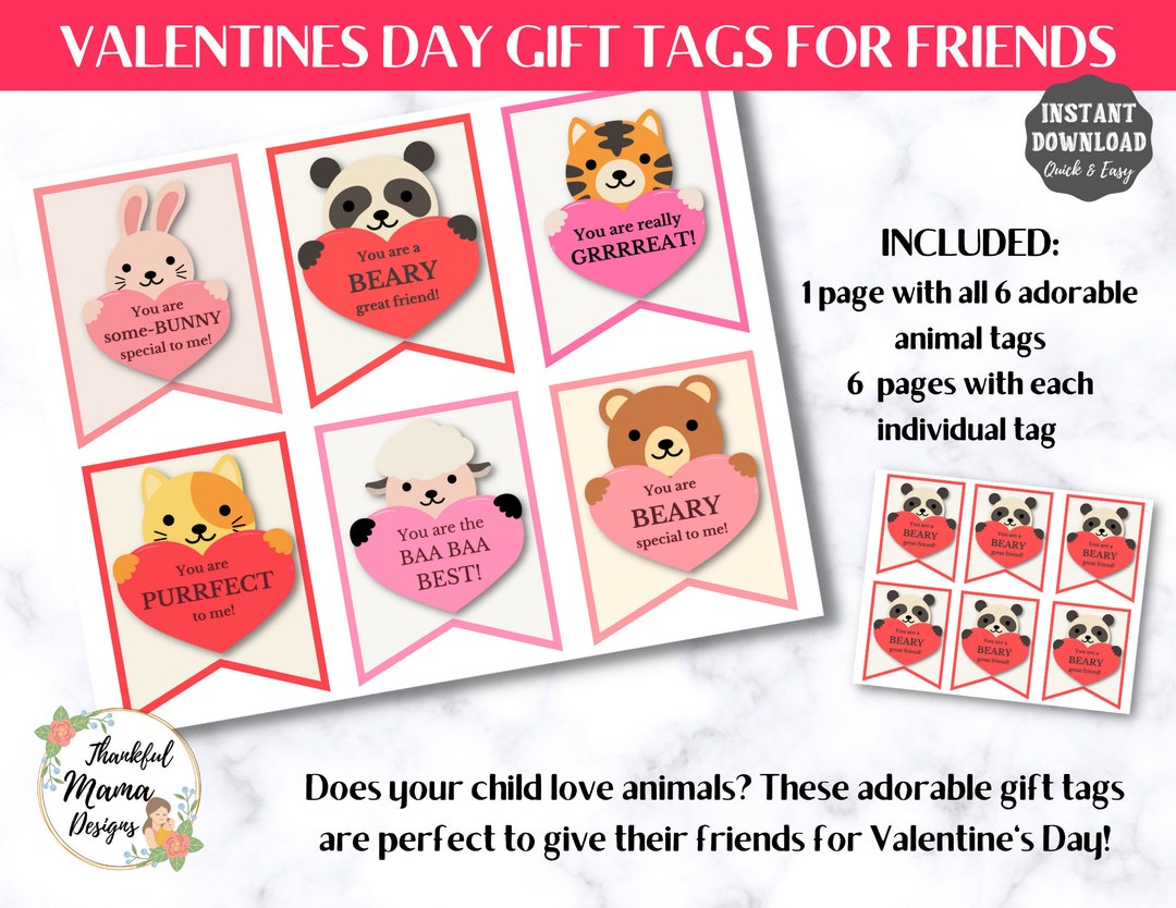 Animal Valentine's Day Gift Tags Printable Gift Tags - Etsy