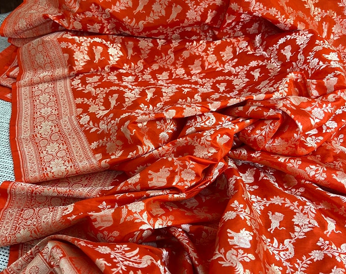Rusty Orange Color Pure Katan Silk Banarasi Saree With Golden Zari ...