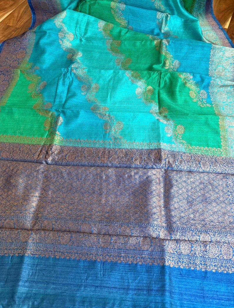 Tussar Silk Banarasi Saree in Blue and Green Color With Antique Zari ...