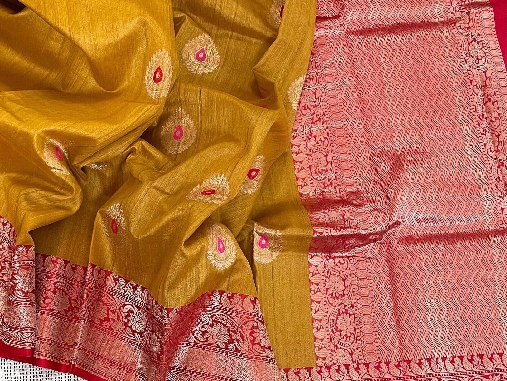 Meenakari Tussar Silk Banarasi Saree in Mustard Yellow Color Handwoven ...