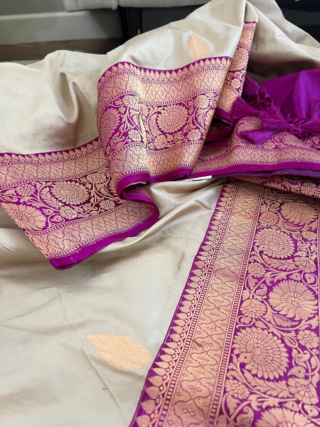 Pure Katan Silk Banarasi Saree in Beige and Purple Border With Drop ...