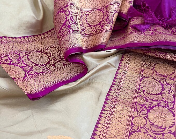 Pure Katan Silk Banarasi Saree in Beige and Purple Border With Drop ...