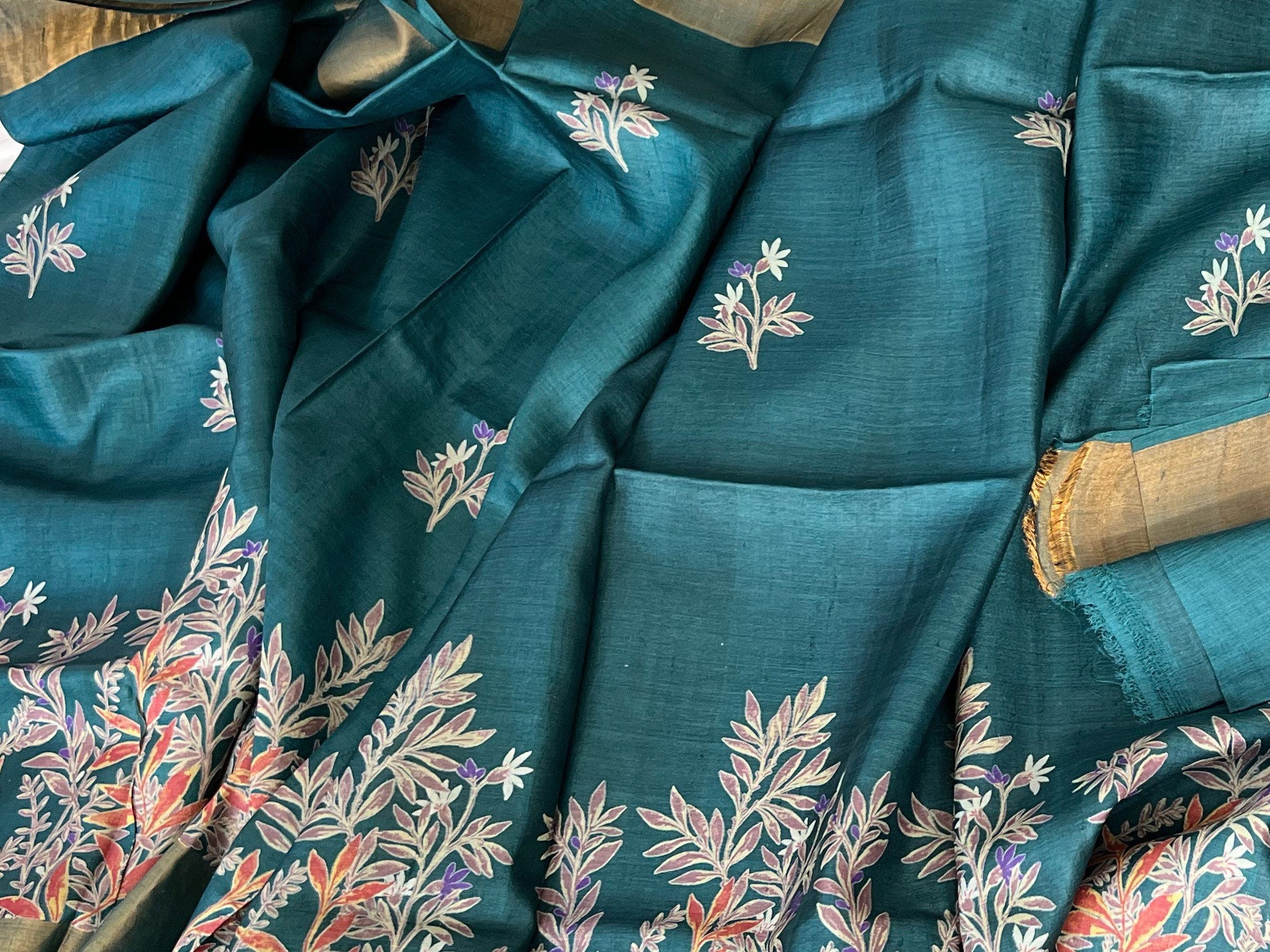 Teal Color Block Print Tussar Silk Saree. Ships From California Taana ...