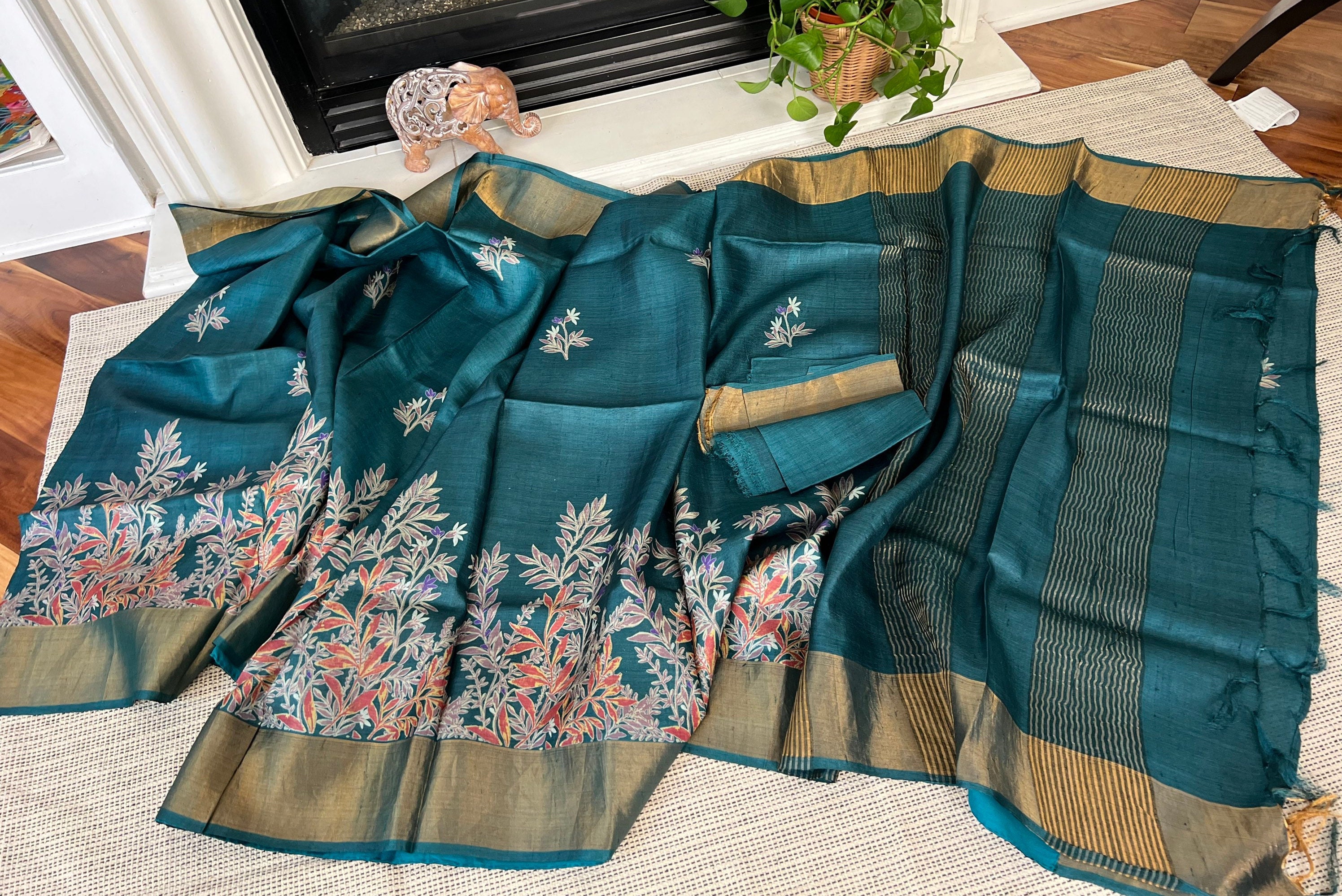 Teal Color Block Print Tussar Silk Saree. Ships From California Taana ...