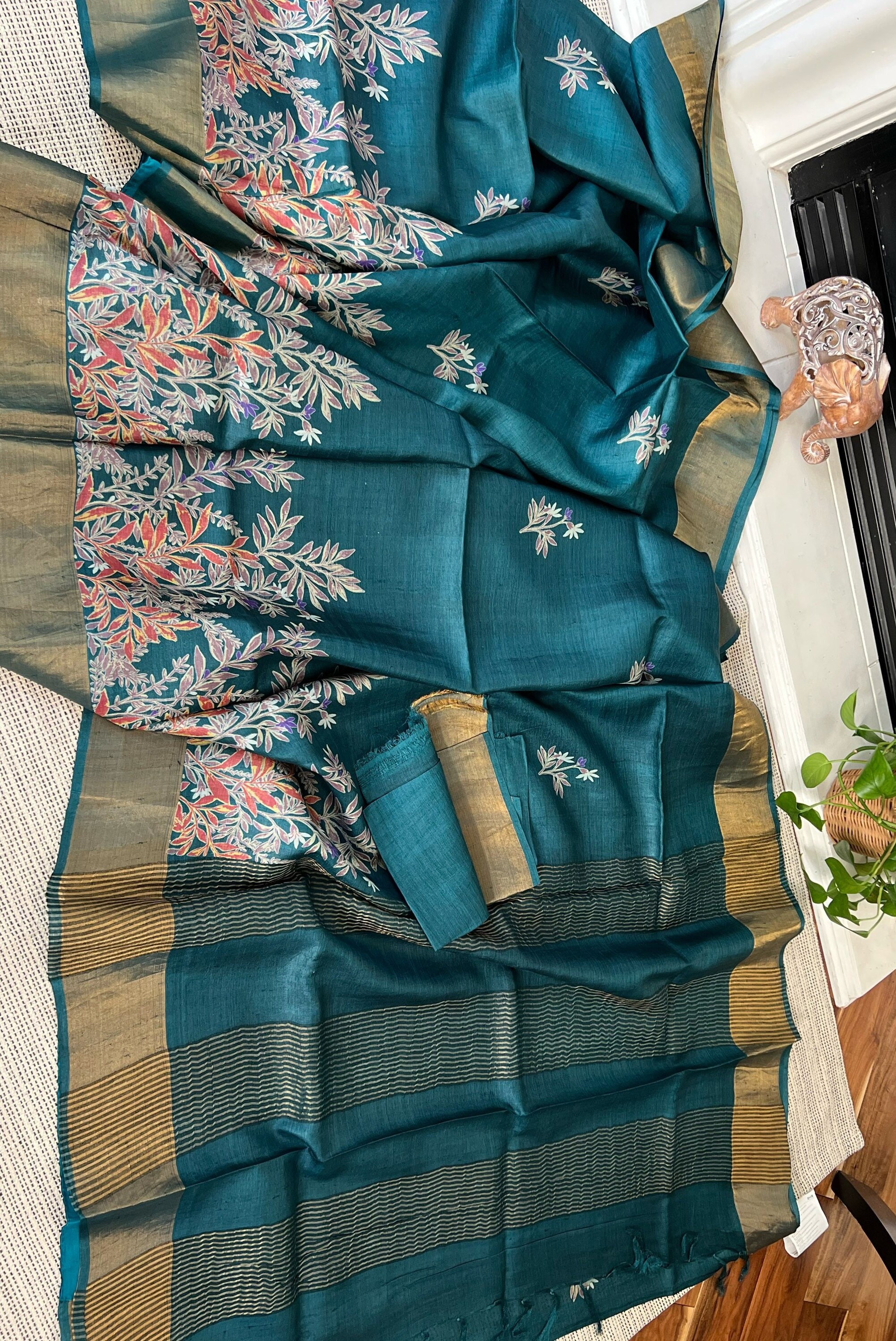 Teal Color Block Print Tussar Silk Saree. Ships From California Taana ...