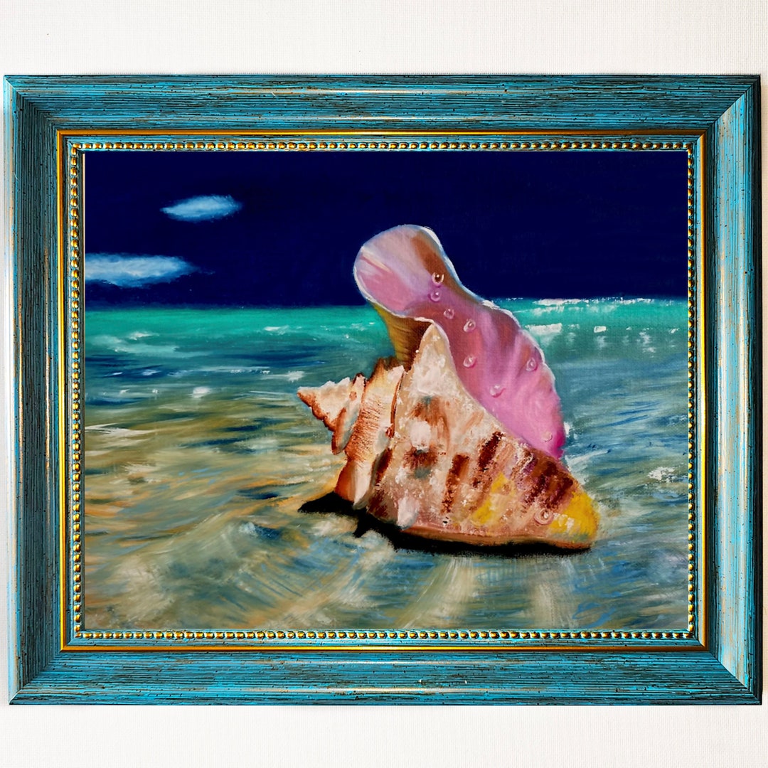 Seashell Oil Painting on Canvas: Miami Beach Nautical Art (11x14 Inches ...