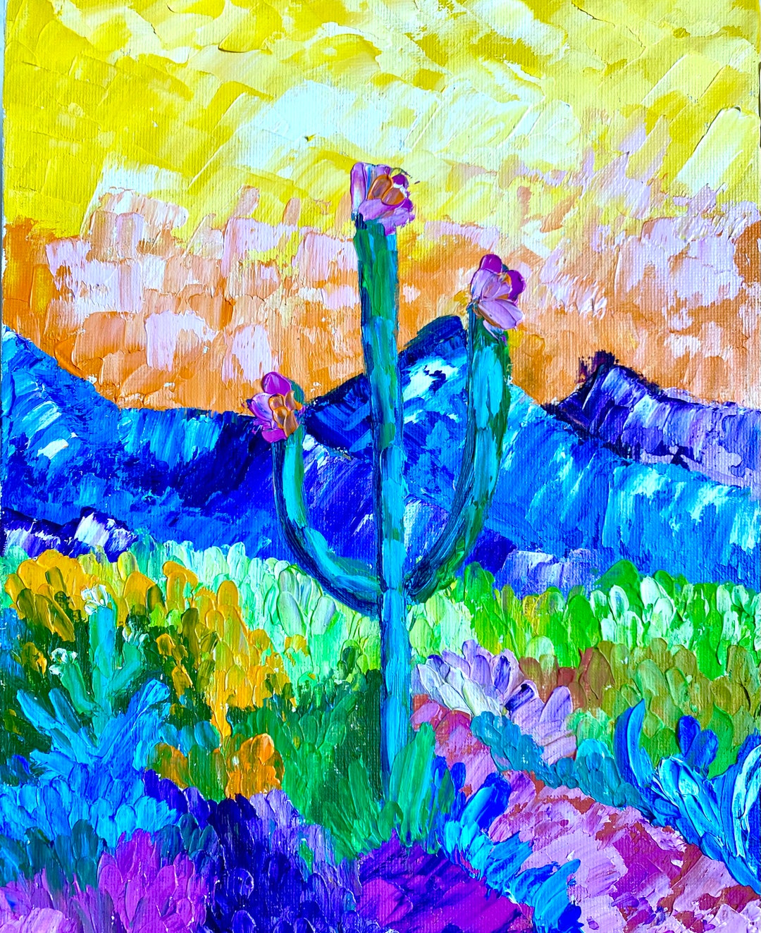 Desert Oil Painting National Park Arizona Painting Cactus Wall Art ...