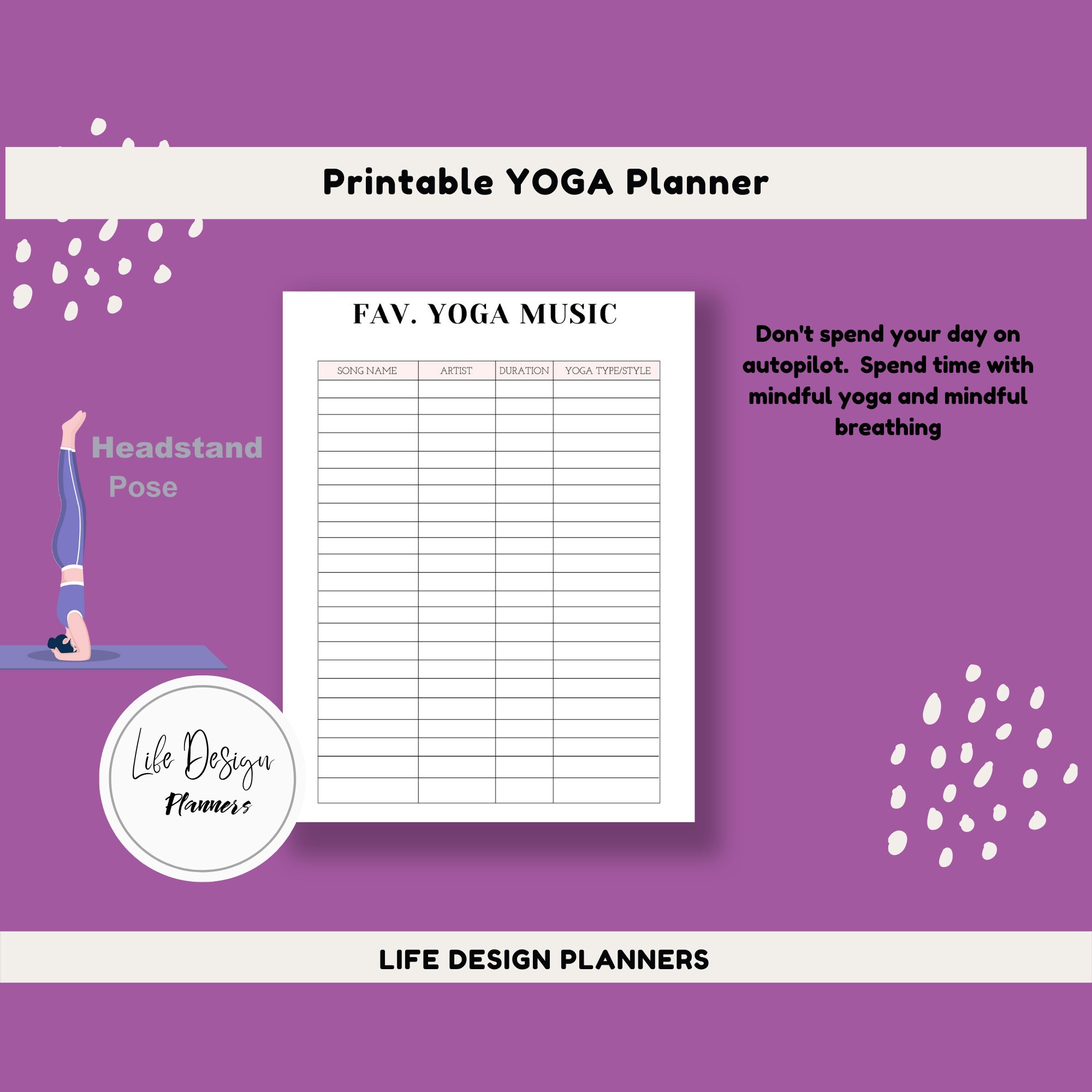 Printable Yoga Planner | Health Tracker, Yoga Log (instant PDF Download ...