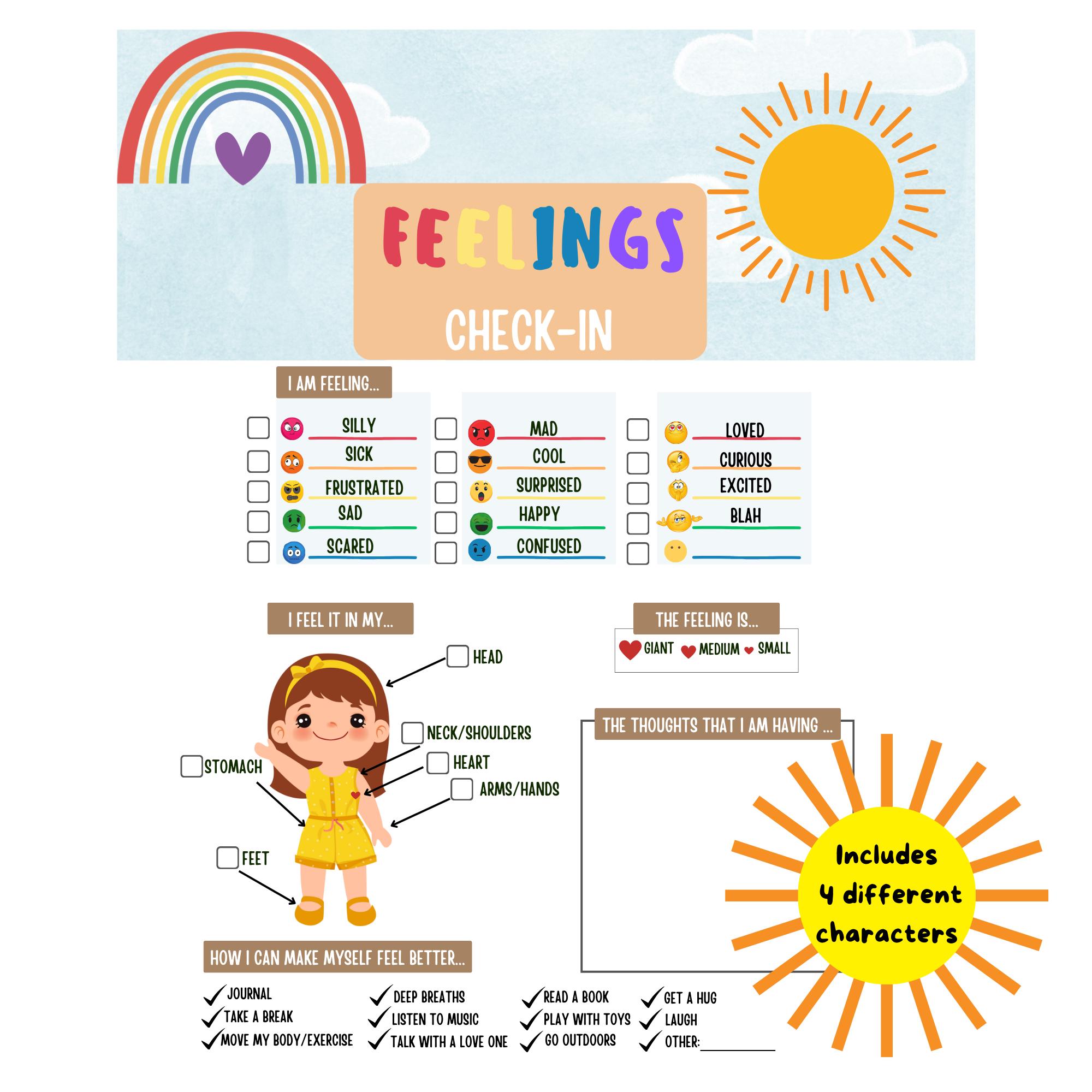 Kids Feelings Check-in Sheets, Printable Worksheet for Learning Kids ...