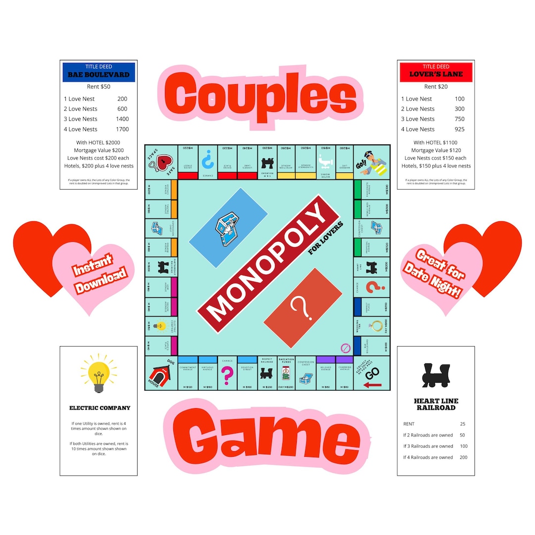 Printable Monopoly Board Game for Couples, Adult Couples Board Game ...