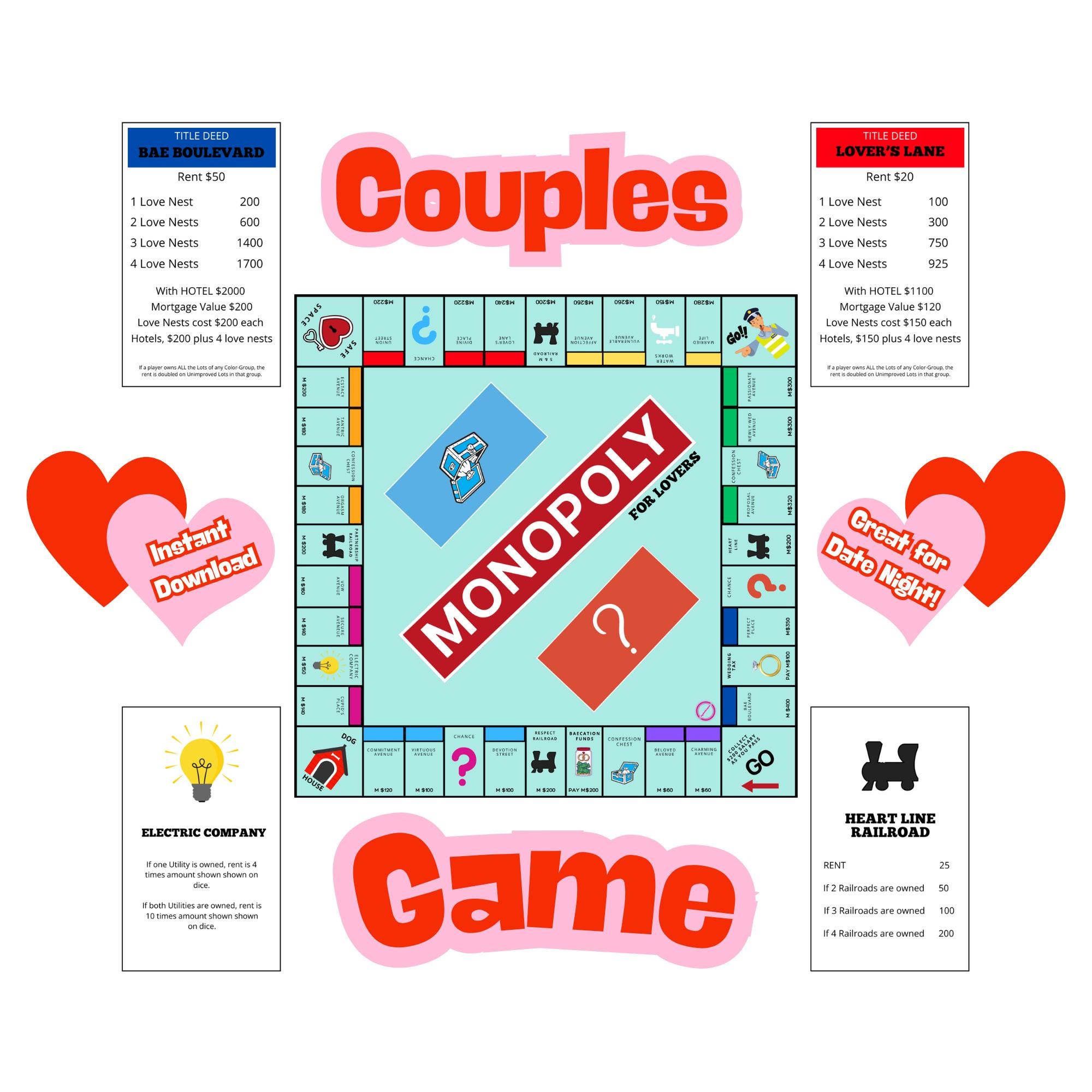 Printable Monopoly Board Game for Couples, Adult Couples Board Game ...
