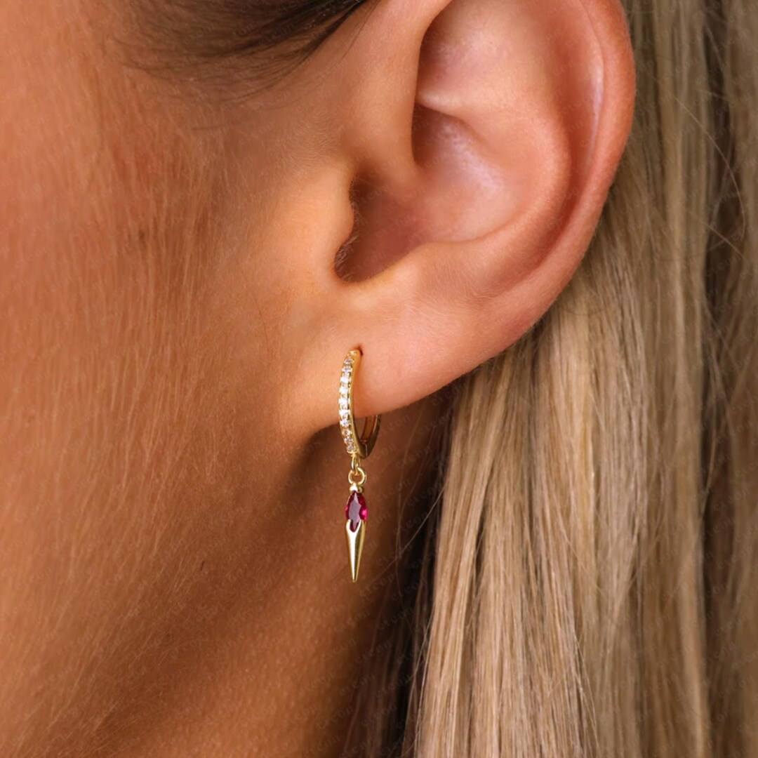 Ruby Spike Dangle Hoop Earrings Gold Hoop Earrings Birthstone Earrings July Birthstone Huggie ...