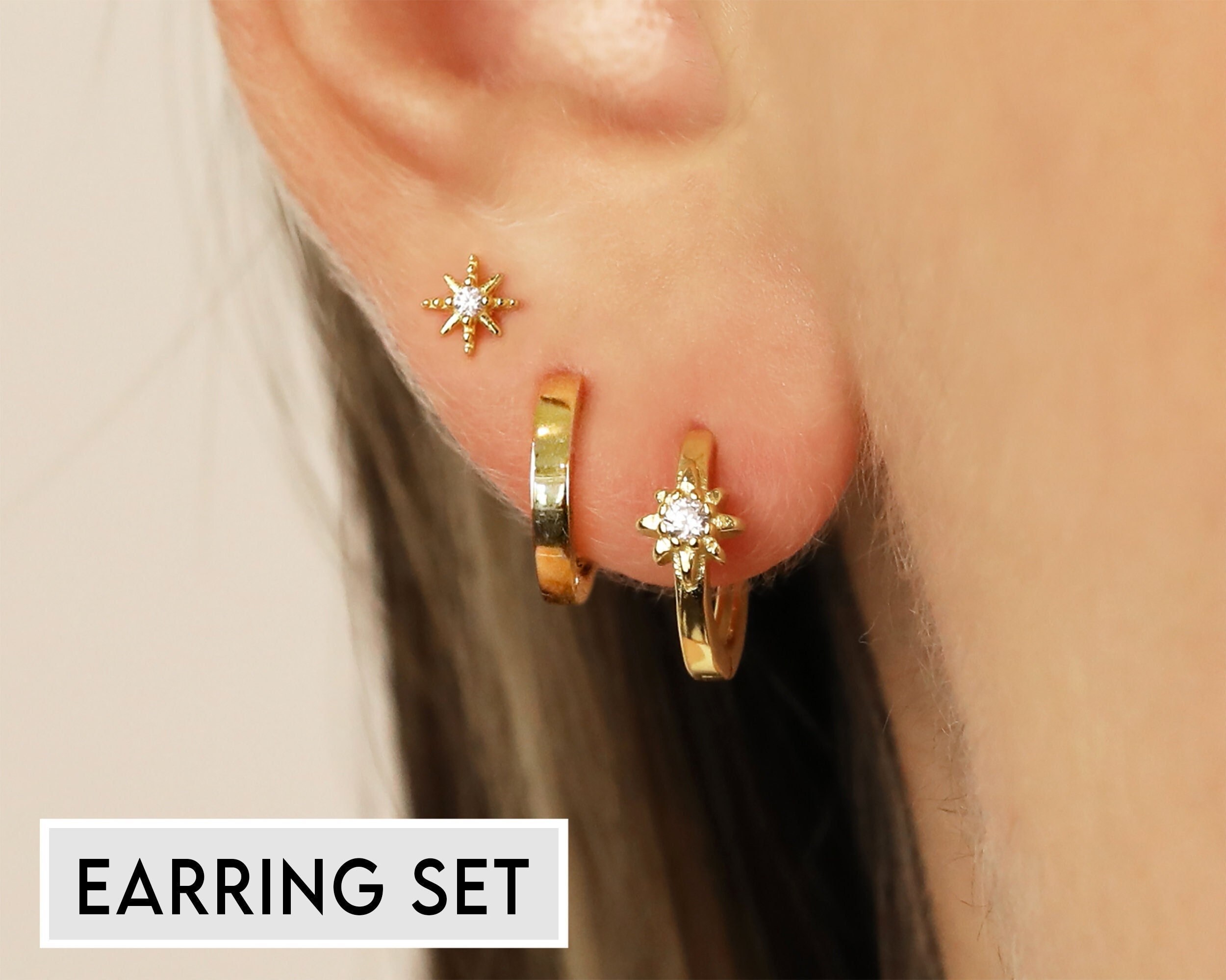 18K Gold Tiny Star Hoop Earring Set Earring Stack Sterling - Etsy