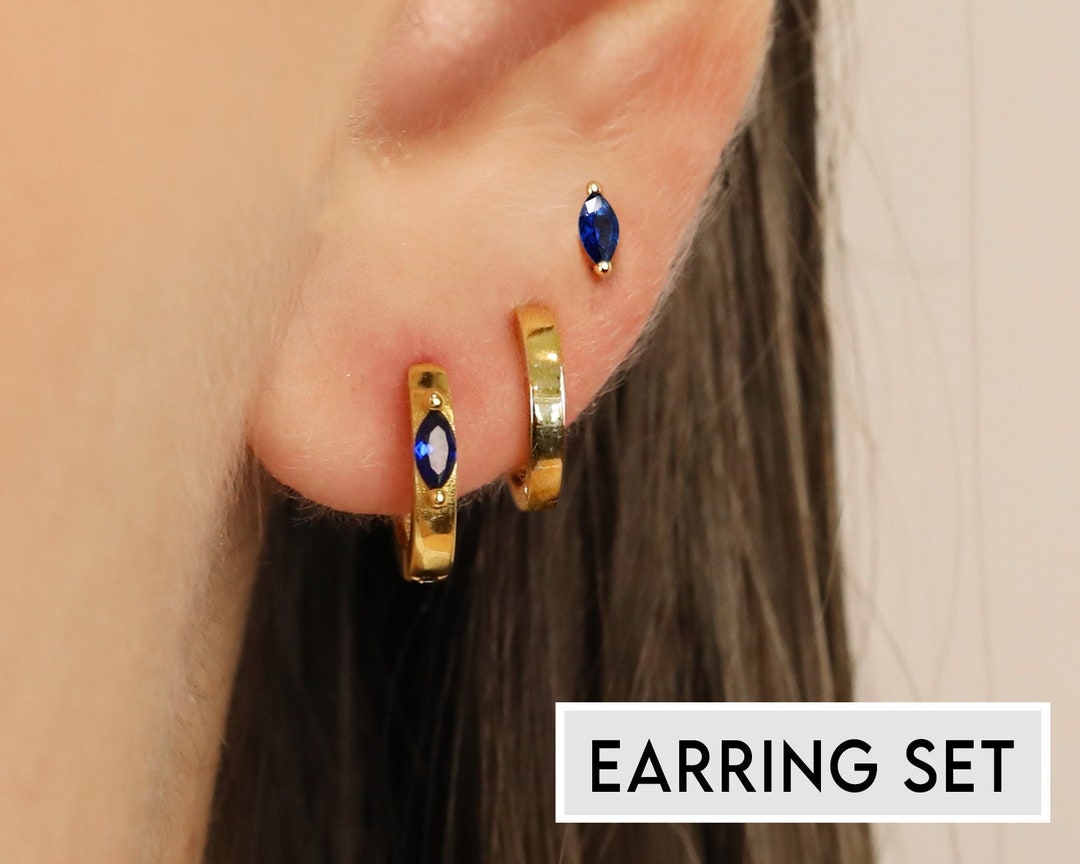 18K Gold Sapphire Marquise Earring Set Earring Stack - Etsy