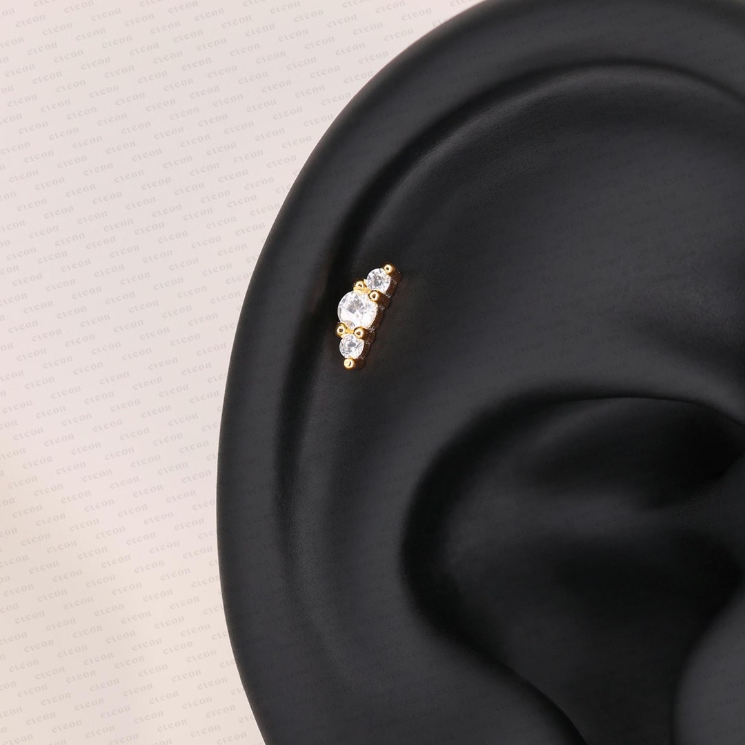 18G/16G Triple Stone Flat Back Labret Stud Internally Threaded Flat ...