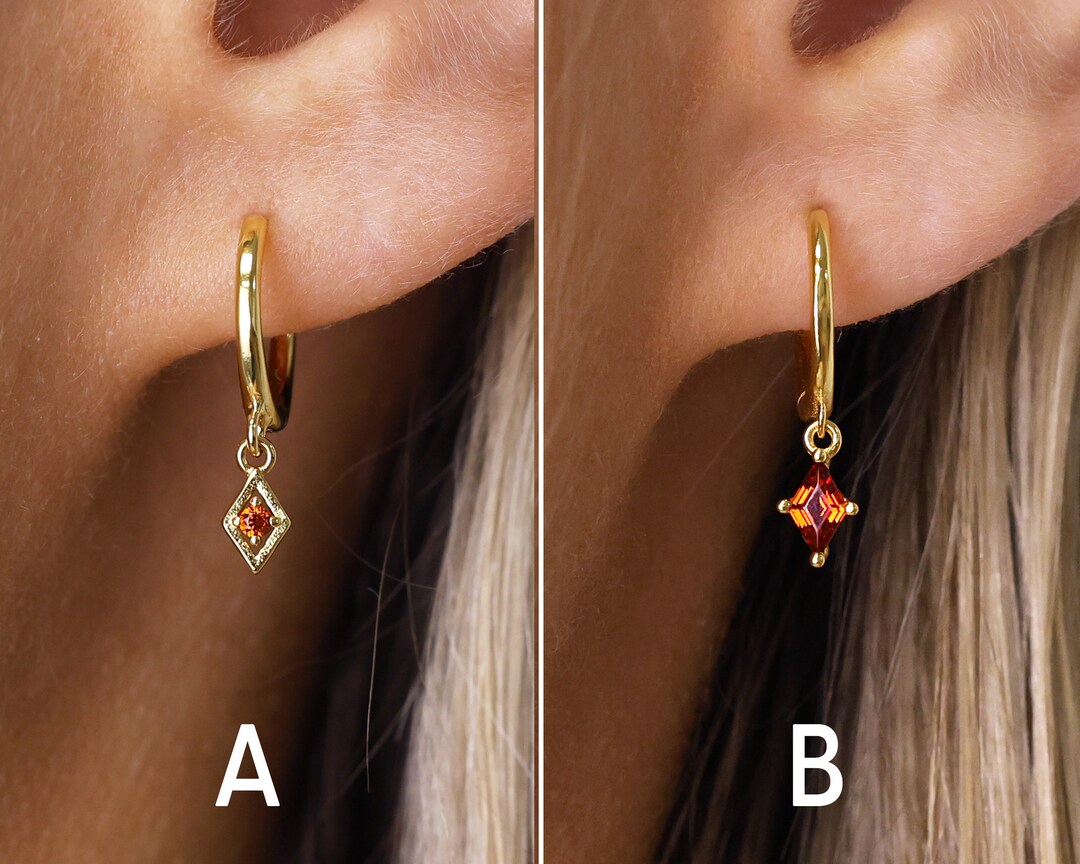 Garnet Diamond Dangle Hoop Earrings Gold Hoop Earrings Birthstone ...