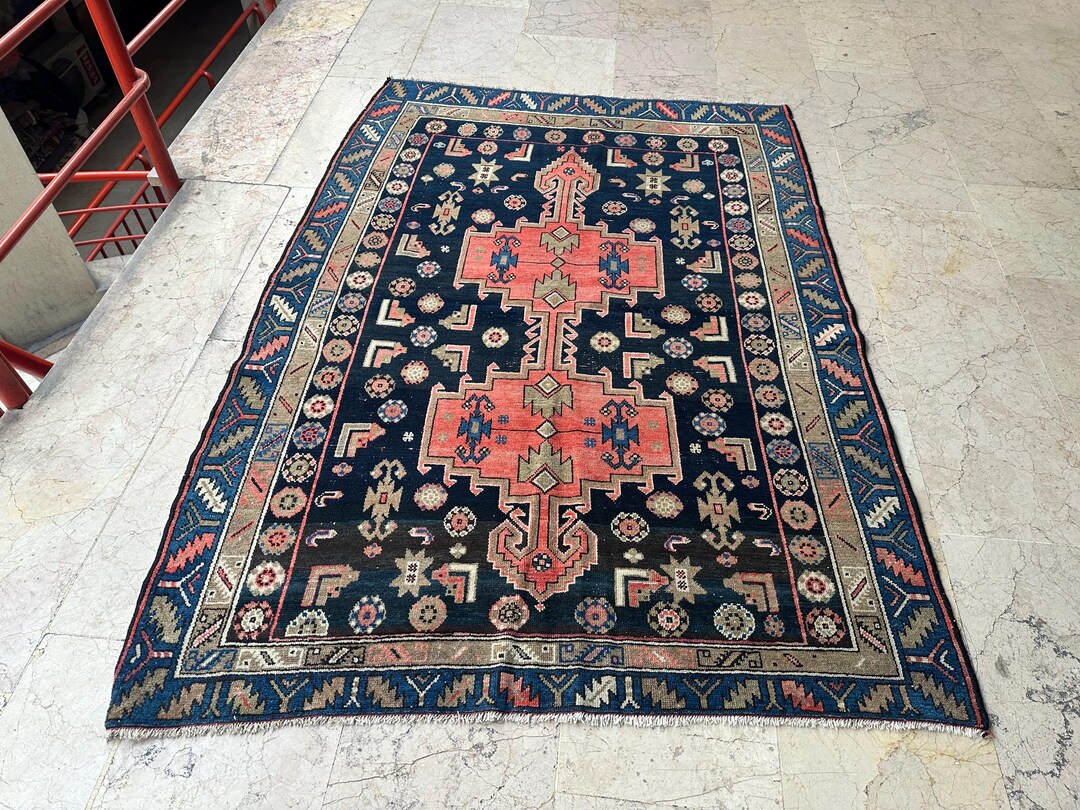 Antique Kurdish Decorative Handmade Carpet, Black Handwoven Carpet, Old ...