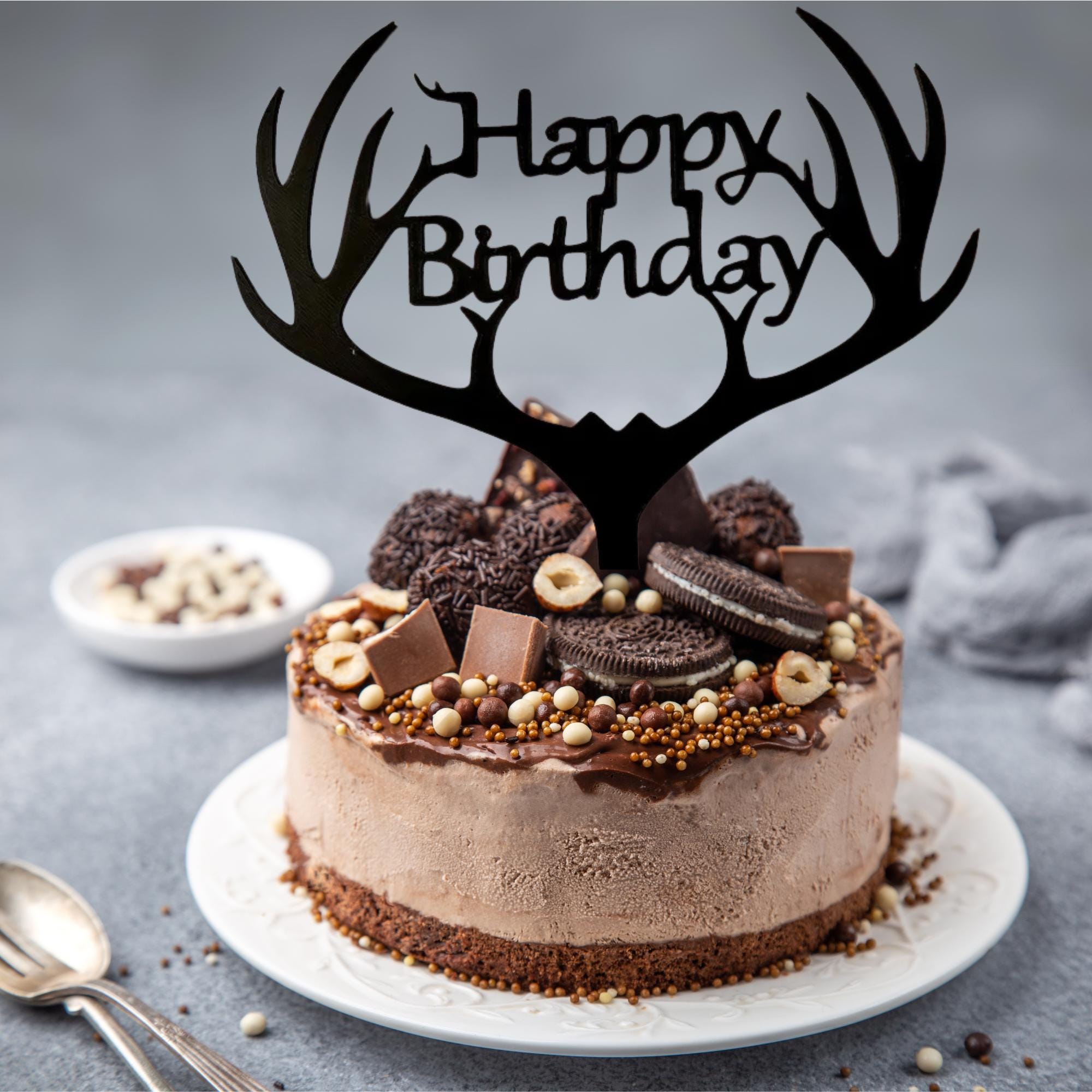 Antler Cake Topper, Rustic Happy Birthday Cake Decoration, Woodland ...