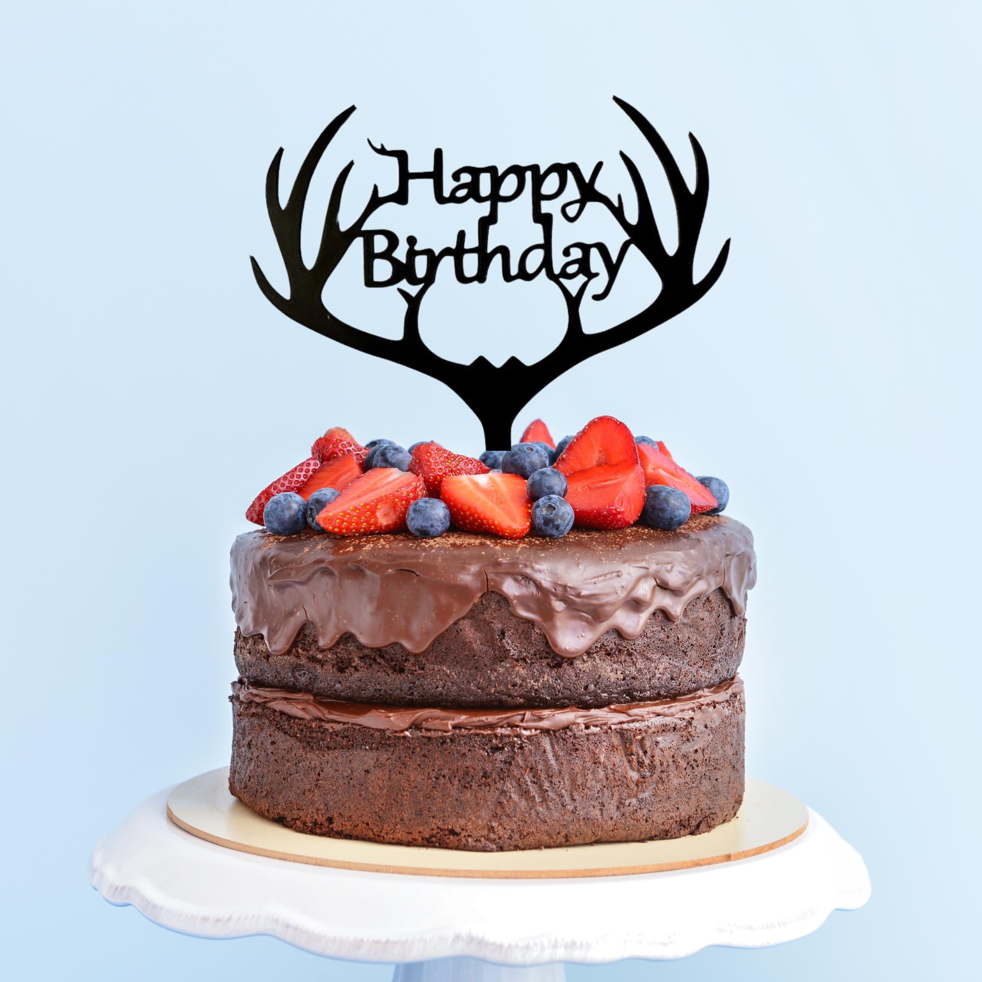 Antler Cake Topper, Rustic Happy Birthday Cake Decoration, Woodland ...