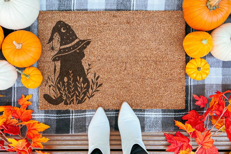 Witchy Cat Halloween Doormat Spooky Scary Floral Door Mat Minimalist ...