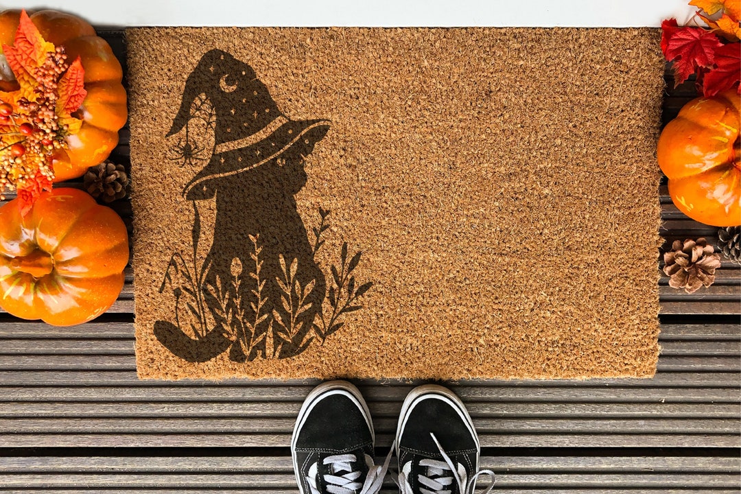 Witchy Cat Halloween Doormat Spooky Scary Floral Door Mat Minimalista ...