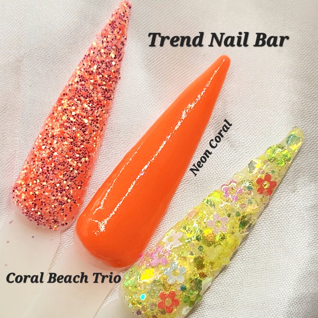 Coral Beach Trio- Neon Coral Nail Dip Powder, 3D Daisy Glitter, Acrylic ...