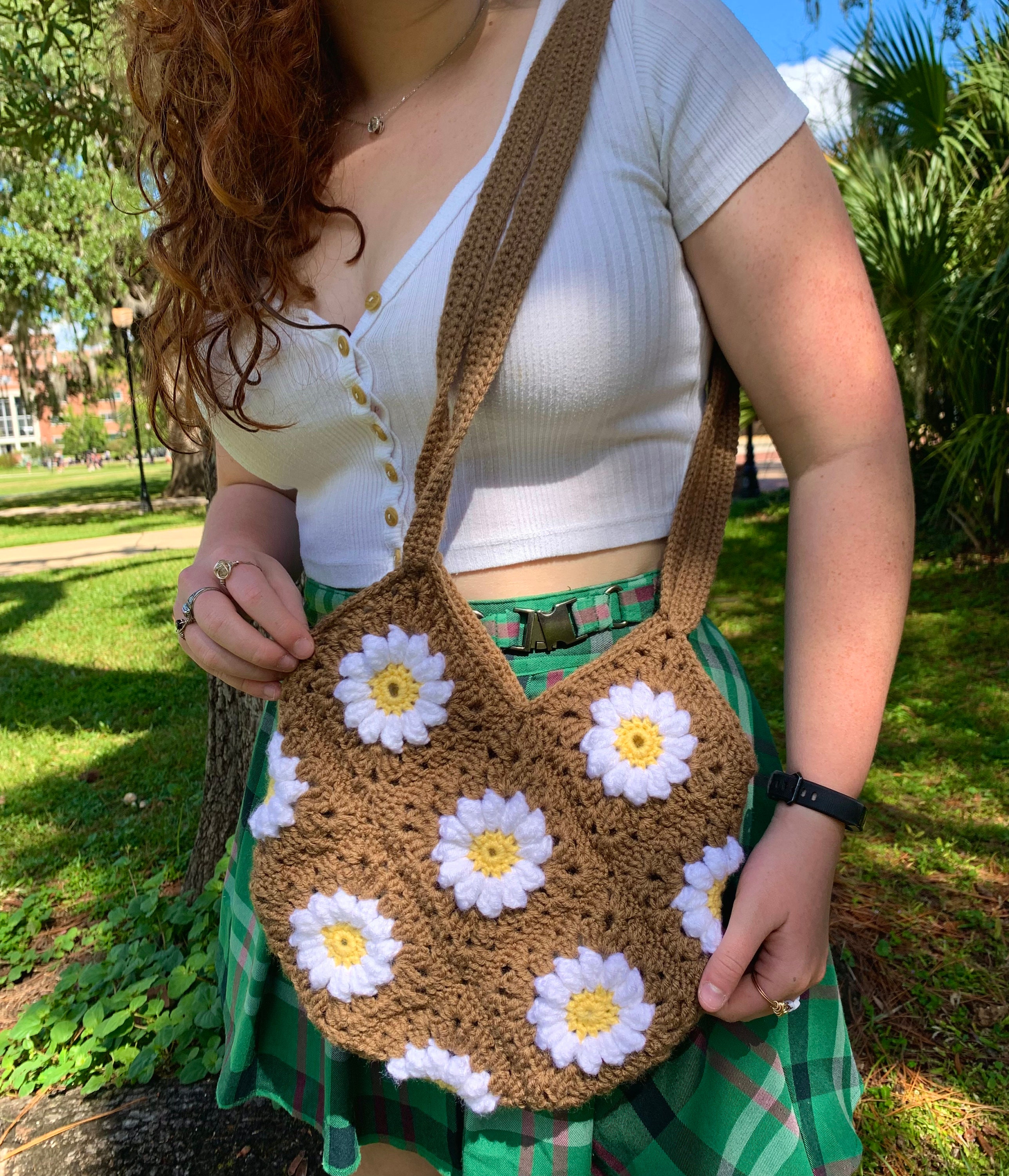 Crochet Daisy Bag, Crocheted Daisy Bag, Daisy Brown Bag, Crocheted Side ...