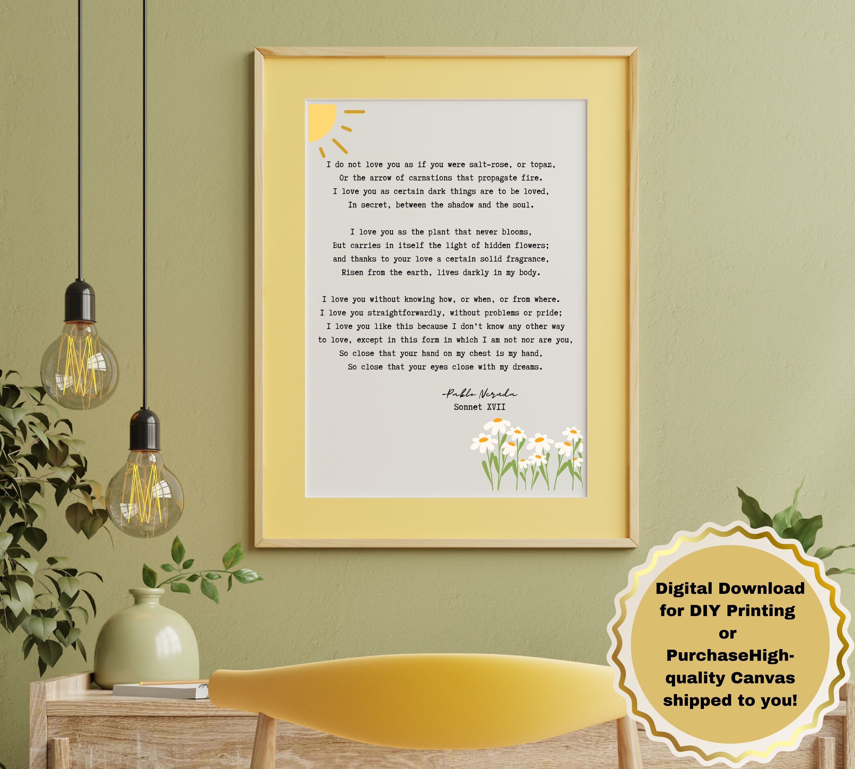 Love Poem Pablo Neruda Sonnet 17 XVII Poetry Wall Art, Printable ...