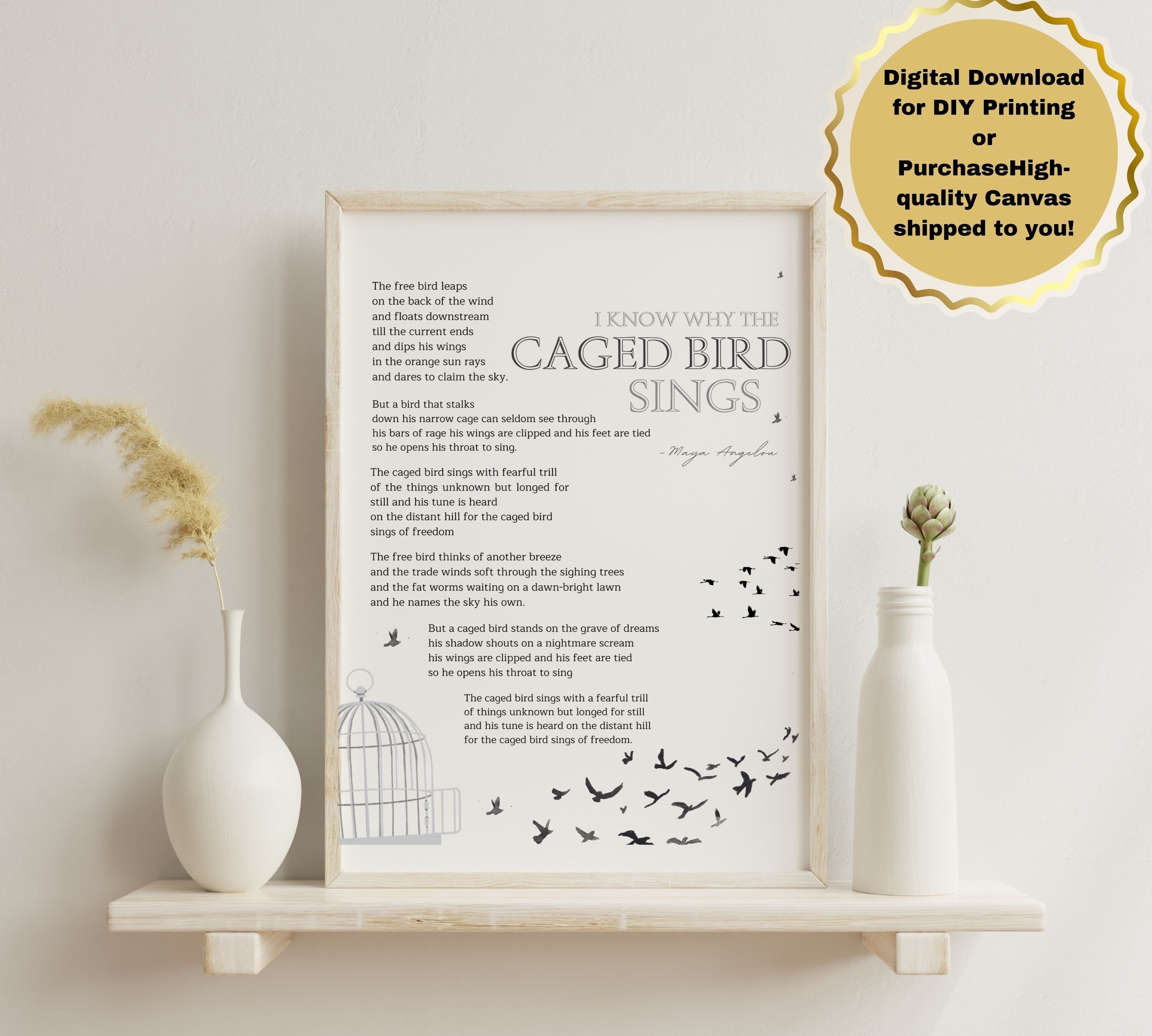Caged Bird Sings Maya Angelou Poetry Print, Wall Art, Printable Digital ...