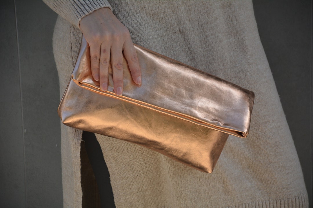 Large Metallic Rose Gold Leather Fold Over Handbag for Woman, Oversized ...