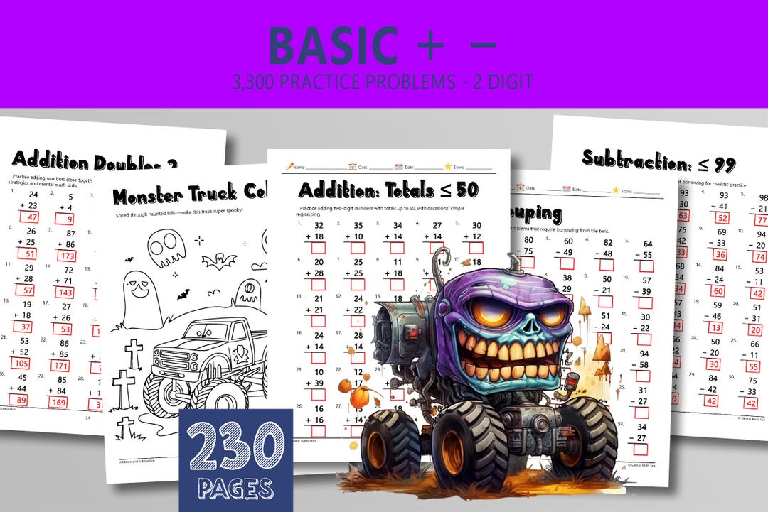 Addition and Subtraction: Monster Truck Theme | Halloween Coloring ...