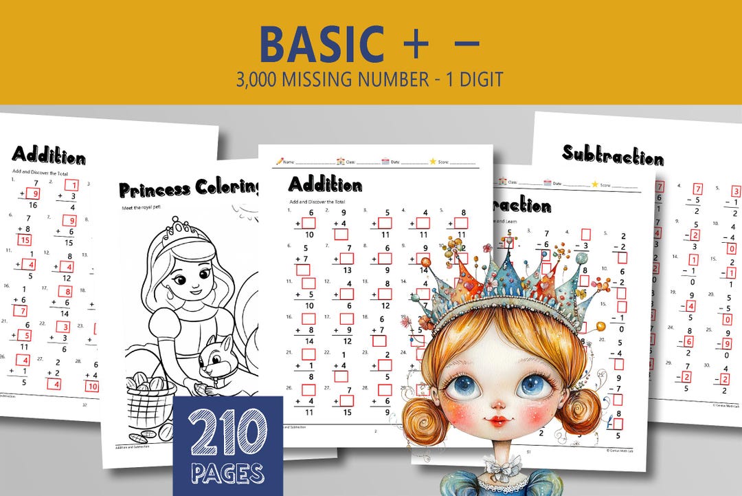Addition and Subtraction Worksheet: Missing Number, Princess Theme ...