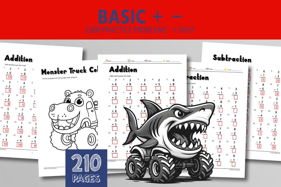 Addition and Subtraction Worksheet: Monster Truck Theme, Coloring Pages ...