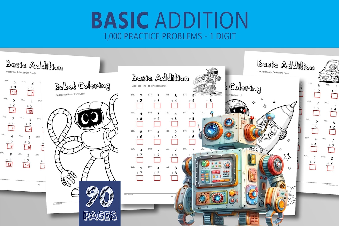 Robot Math Worksheet: Basic Addition, Coloring Pages, Grade 1 (PDF ...