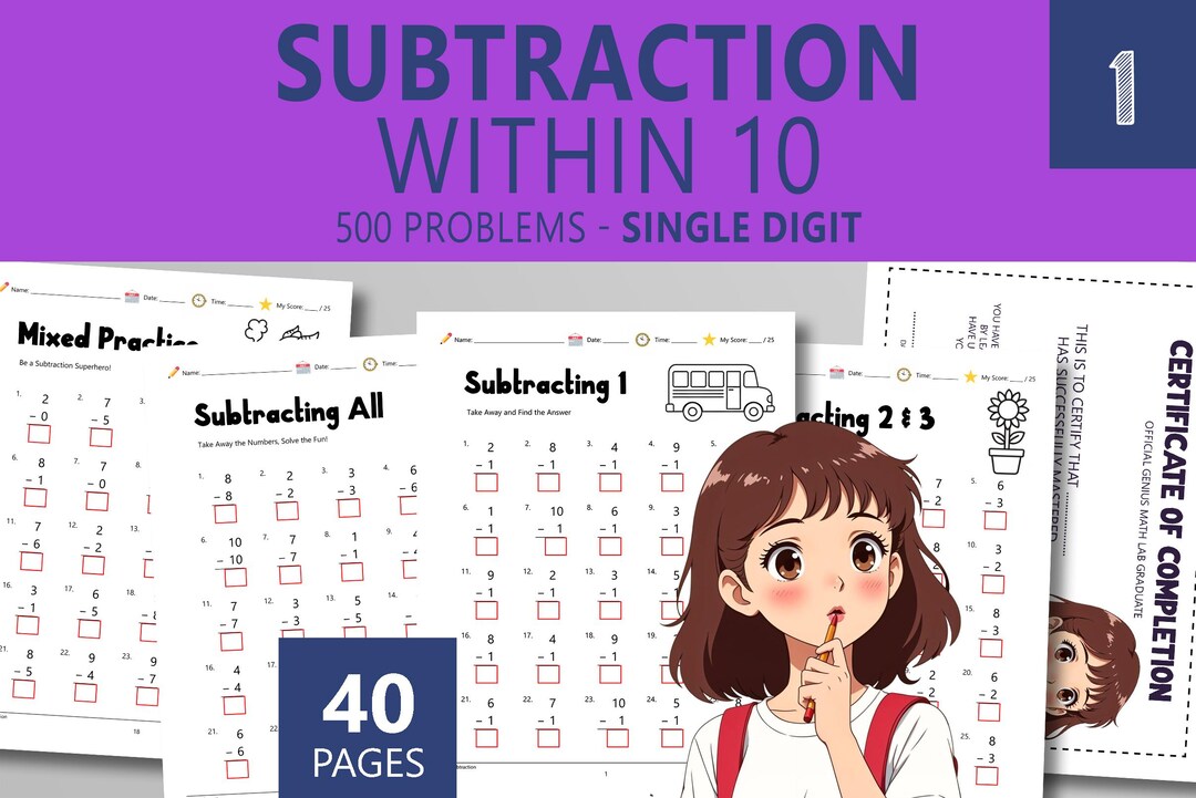 Subtraction Within 10 Worksheets: Mental Math Practice Kindergarten ...