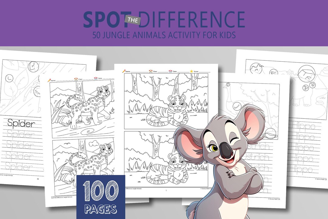 Jungle Animals Spot the Difference Activity Book: 50 Puzzles (digital ...