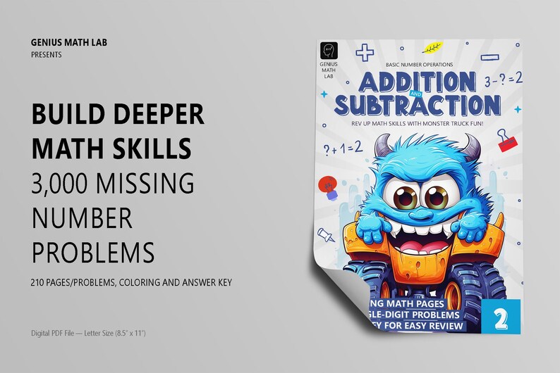 Addition and Subtraction Worksheet: Missing Number, Monster Truck Theme ...