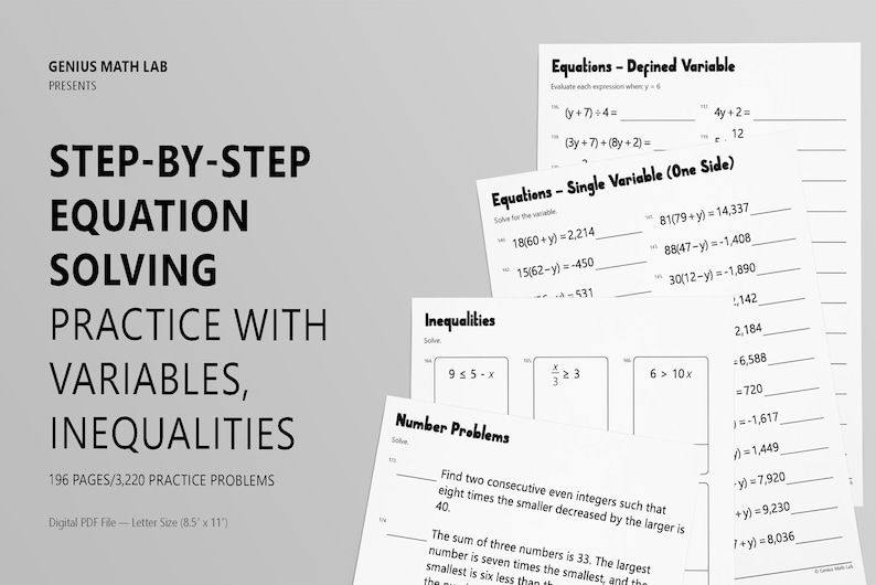 Algebra Worksheet: 3000+ Problems, Grades 6-8 (printable PDF, Answer ...
