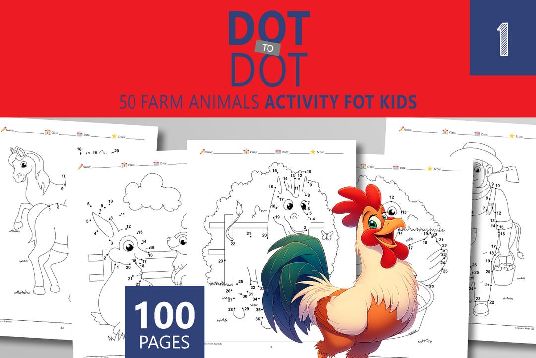 Dot to Dot Printable: Farm Animals, 50 Fun Puzzles (ages 4-8) (PDF ...
