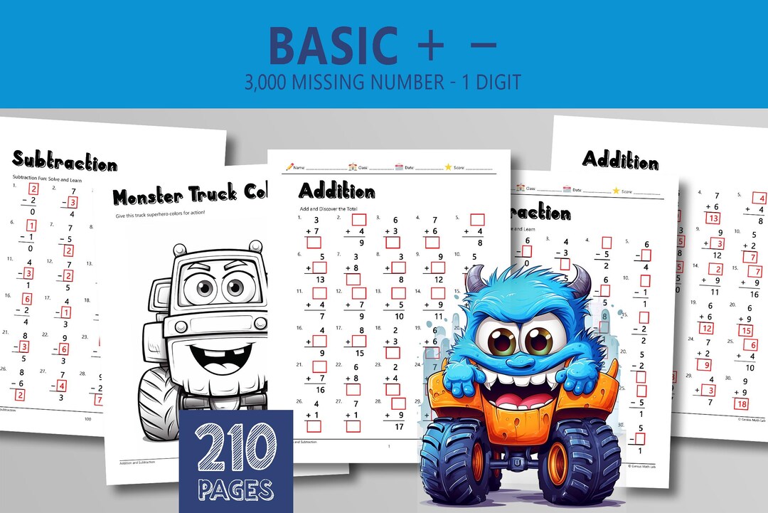 Addition and Subtraction Worksheet: Missing Number, Monster Truck Theme ...