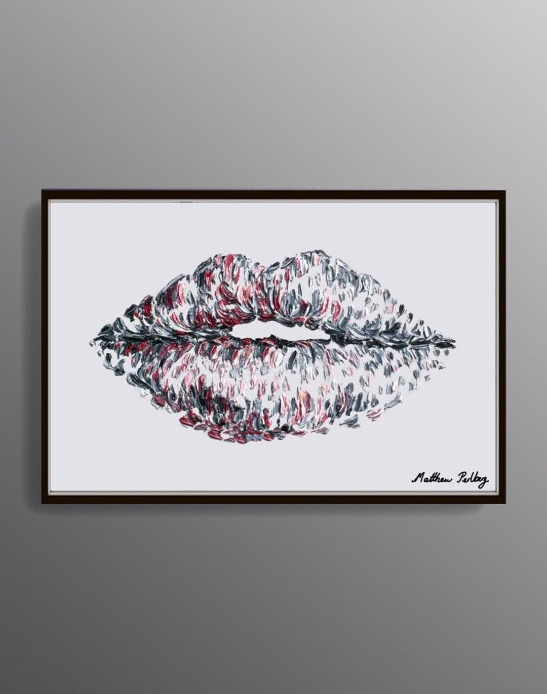 Modern Grey 40" Painting Lips, Pop Art Modern Painting, Unique, Dark ...