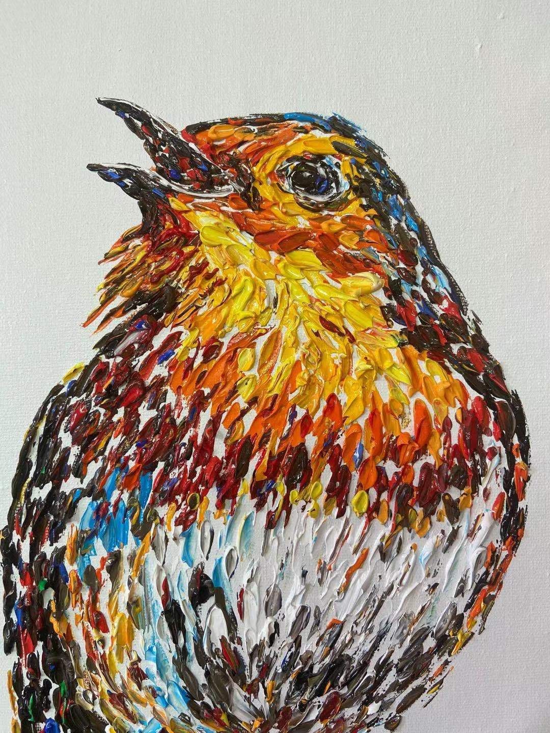 Chirping Robin 30" - Oil Painting on Canvas, Thick Oil Paint Layers ...