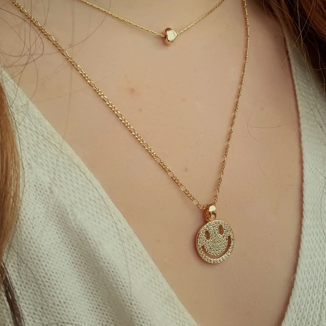 Smiley Necklace Pendant for Women Gold Chain Emoticon Charm Long ...