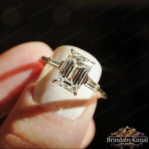 Three Stone Emerald Cut Moissanite Engagement Ring Solitaire Moissanite ...