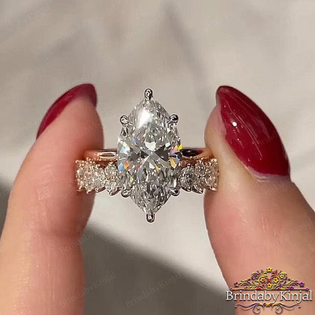 4 CT Marquise Cut Engagement Bridal Ring Set, 14k Solid Yellow Gold ...