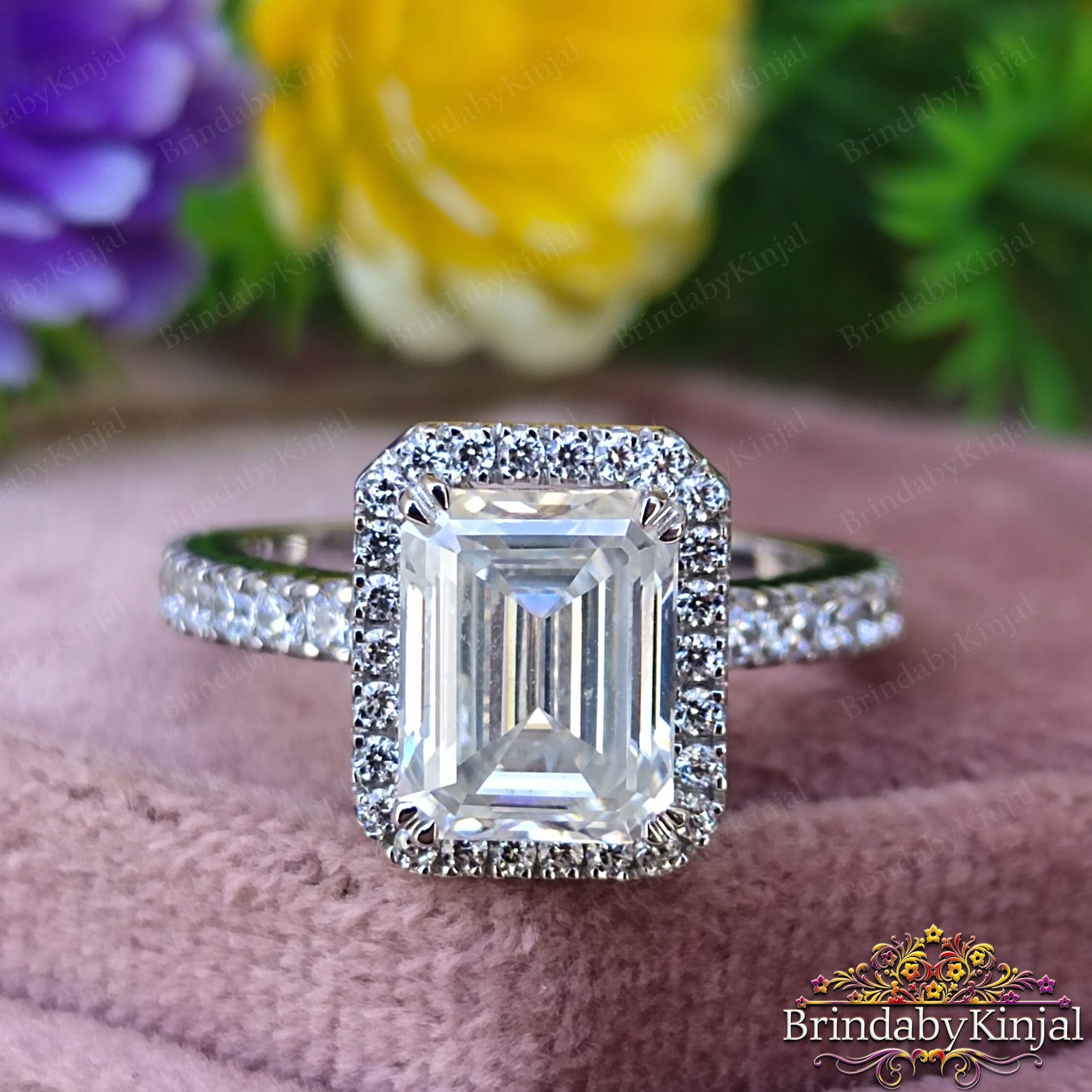 Halo 9x7mm Emerald Cut Moissanite Engagement Ring 2 50ct Emerald Cut