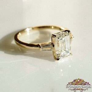 Three Stone Emerald Cut Moissanite Engagement Ring Solitaire Moissanite ...