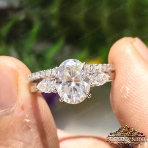 Oval Cut Moissanite Ring Set, Wedding Ring Set Stunning 2.50 CT Oval Three Stone Trilogy ...