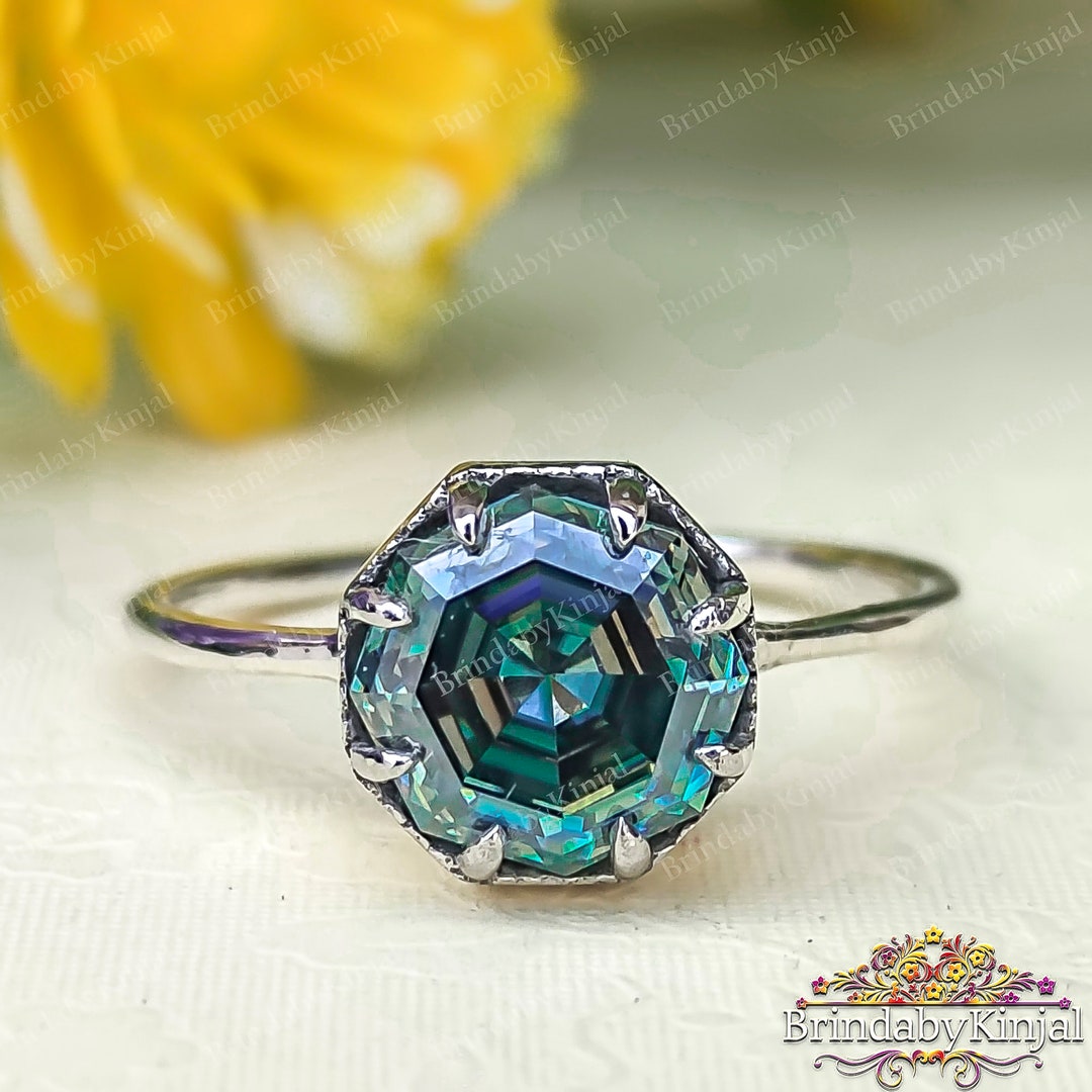 2.40 Ct Octagon Cut Cyan Blue Moissanite Solitaire Engagement Ring ...