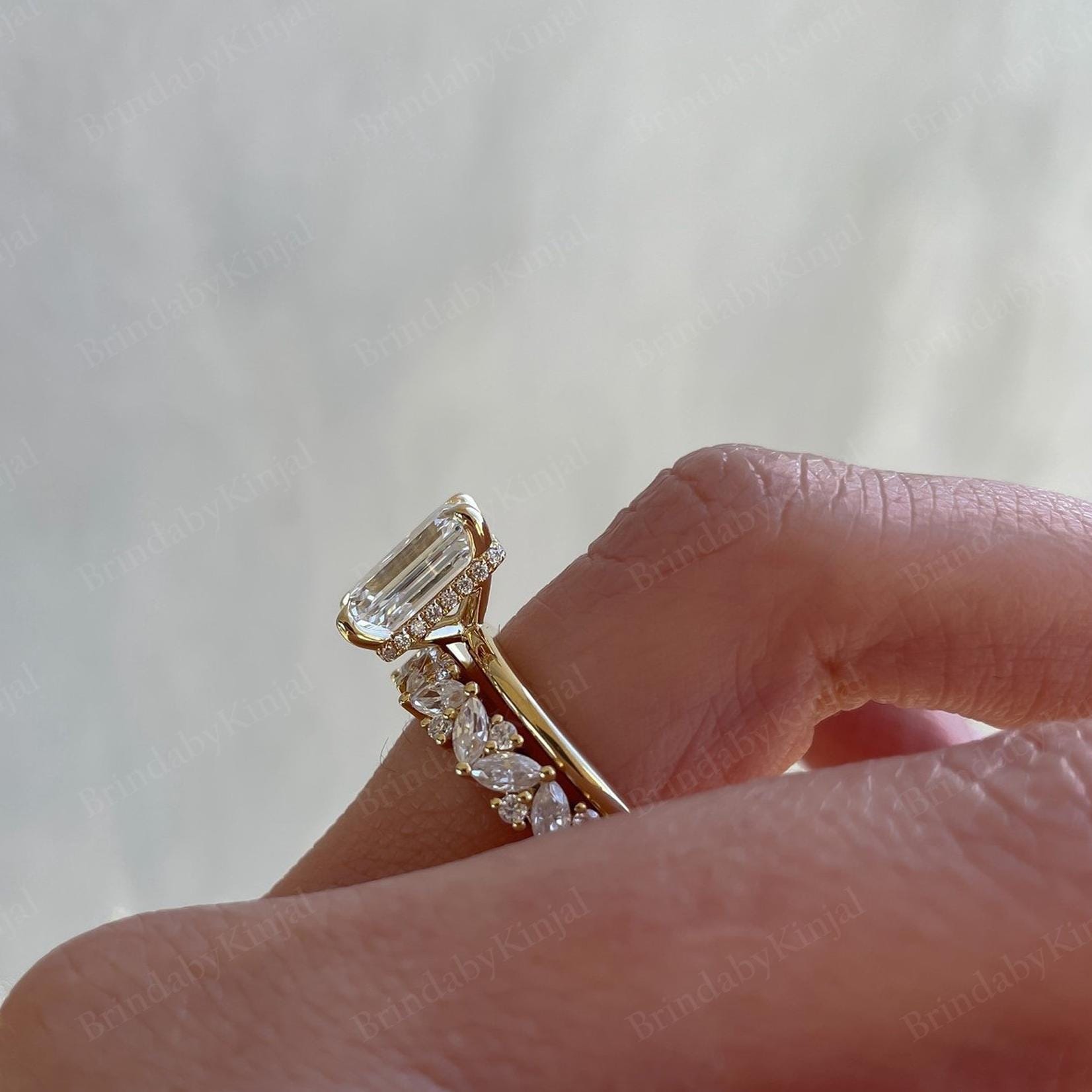 3.15 CT Elongated Emerald Moissanite Engagement Ring Set Art Deco ...